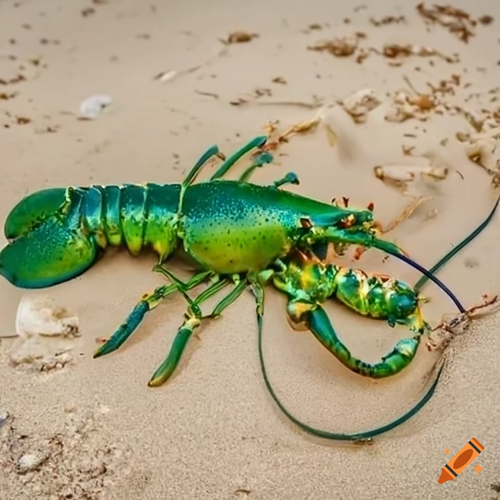 Green lobster on the beach on Craiyon