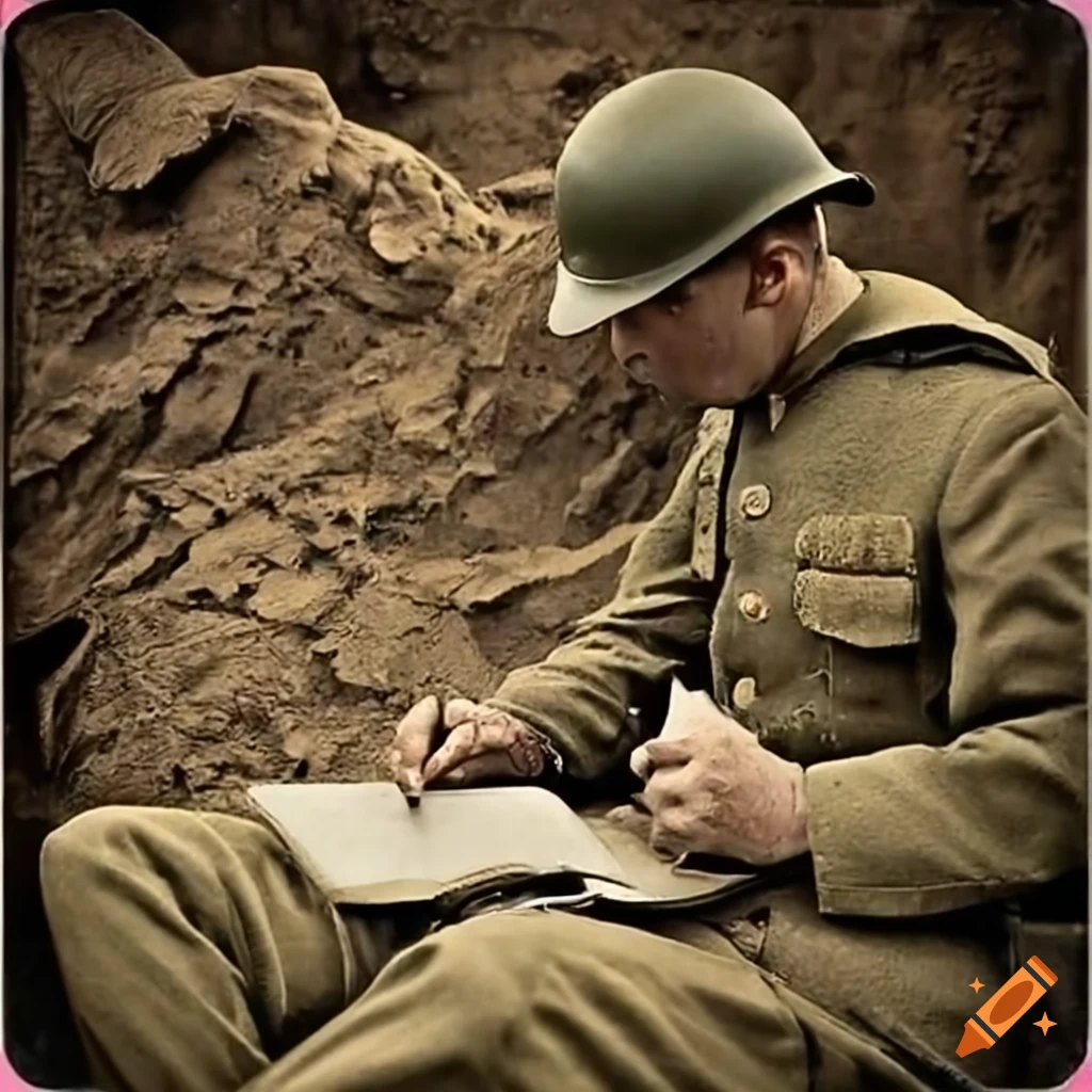 Male soldier writing letter in world war 1 trench on Craiyon