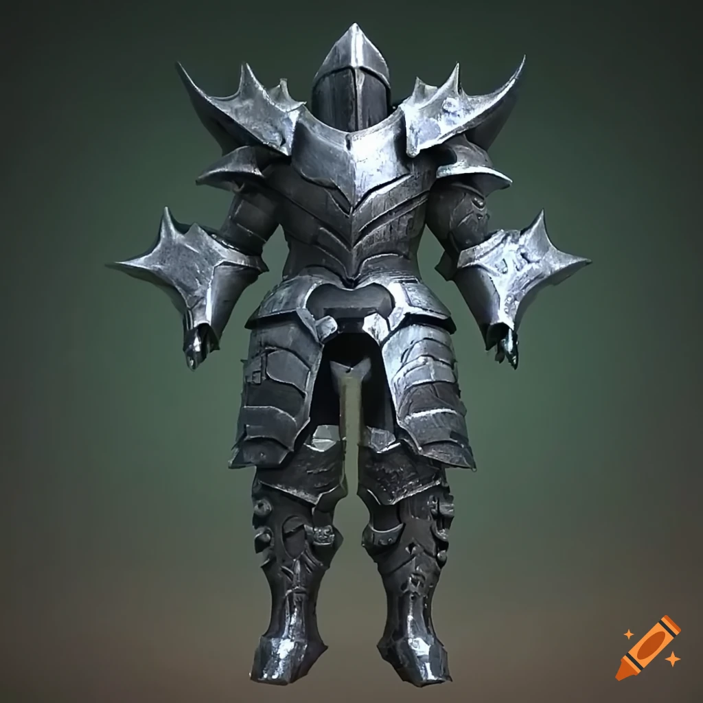 Shiny master armor made of steel in a symmetrical front view on Craiyon