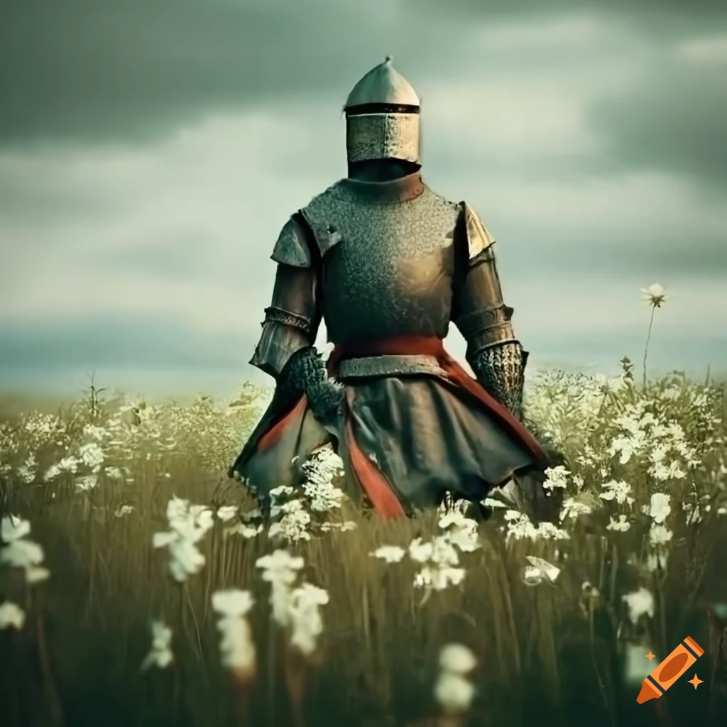 14th century knight in a field of white flowers under a cloudy sky on ...