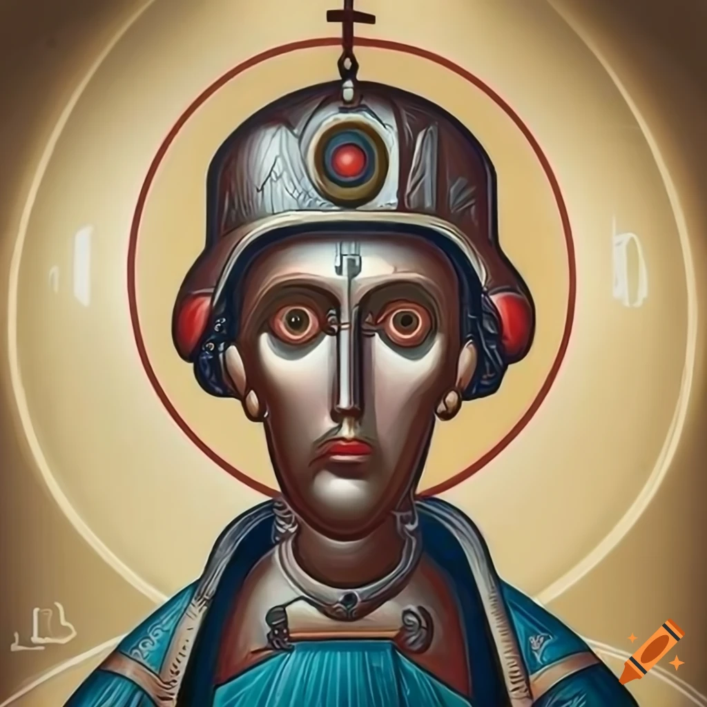 Scifi robot portrayed as an orthodox icon in a religious setting on Craiyon