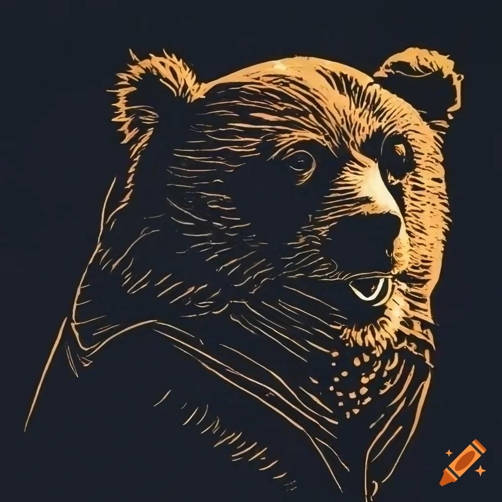 Linocut bear with a bird on its shoulder under the moonlight on Craiyon