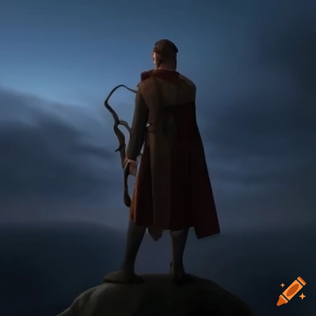 Archer with a cape on a castle at dusk on Craiyon