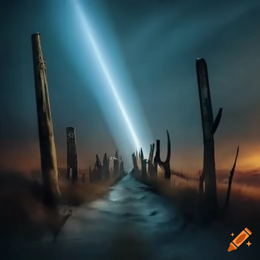 Beam of light over apocalyptic war torn battlefield on Craiyon