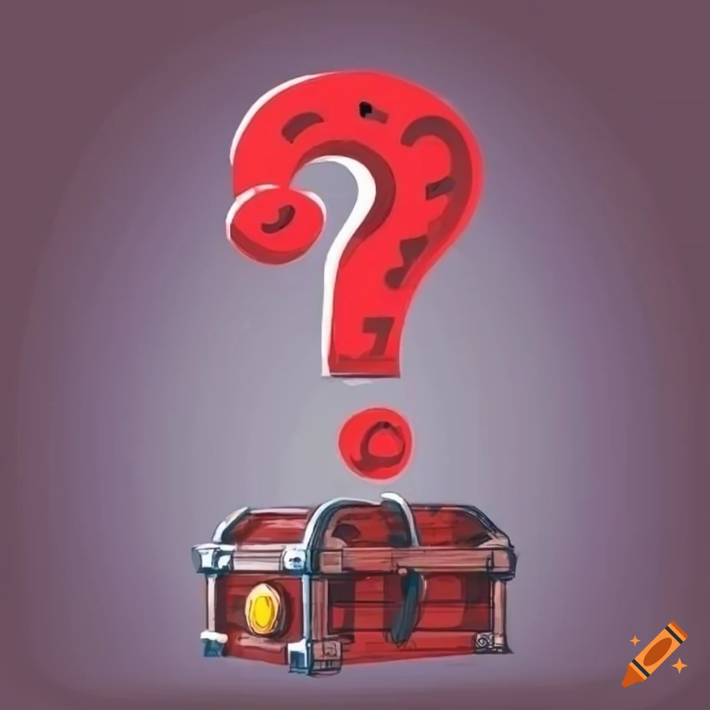 Treasure chest with red question mark surrounded by technical drawings ...