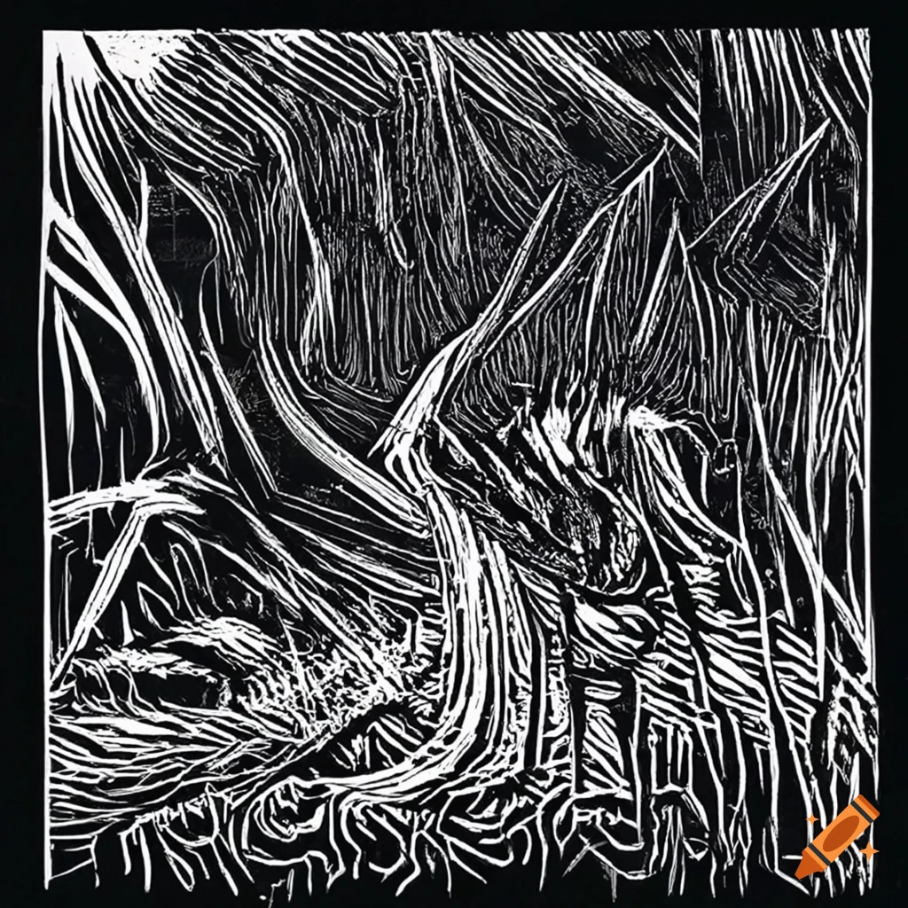 Eerie monochrome linocut etching of a sad bog creature emerging from a ...