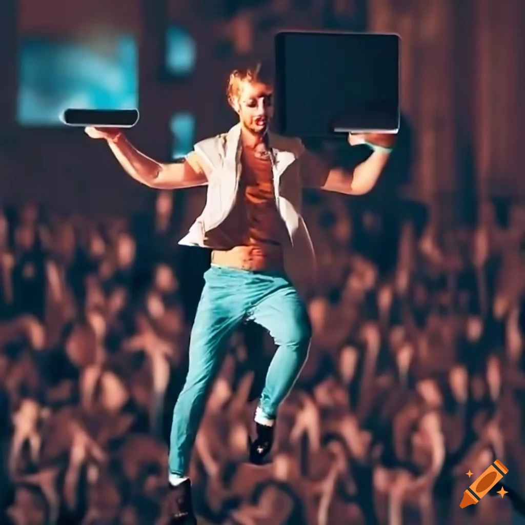 Crowd watching ryan gosling dancing on a flying tablet on Craiyon