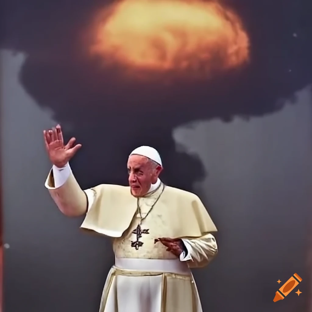 Pope in divine posture in front of nuclear explosion at vatican on Craiyon