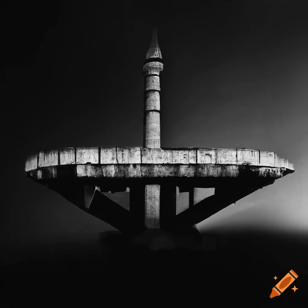 Brutalist concrete megastructure in black and white on Craiyon