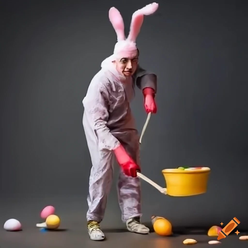 Man in easter bunny costume cleaning up highway and finding an egg on ...
