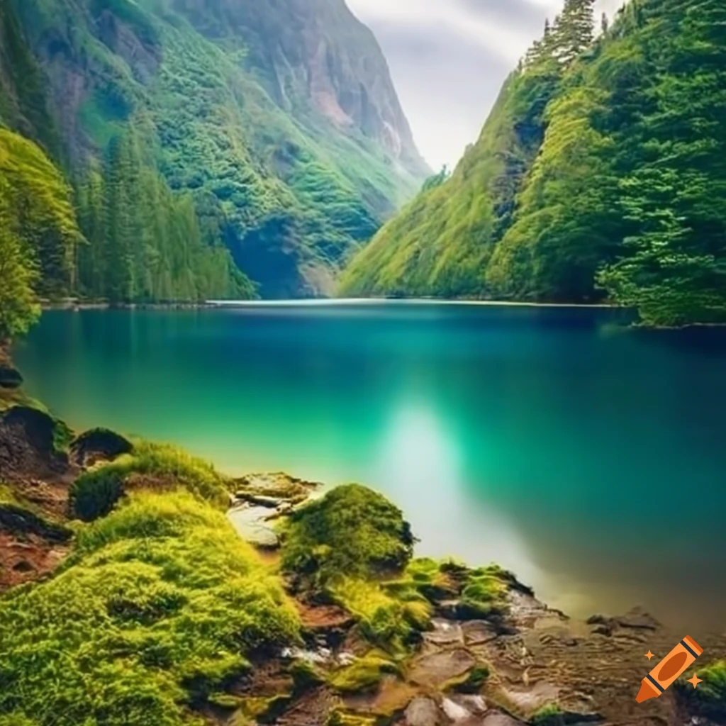 Serene mountain lake surrounded by lush forests in a breathtaking ...