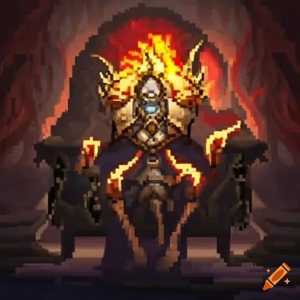 8-bit death king on a fire throne in pixel Warcraft game fantasy ...