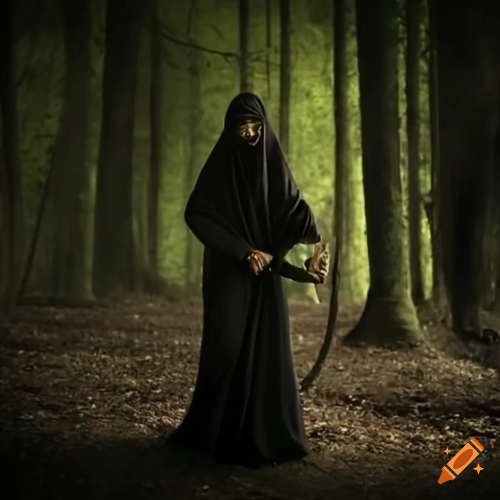 Muslim queen leading warriors into a mysterious forest on Craiyon