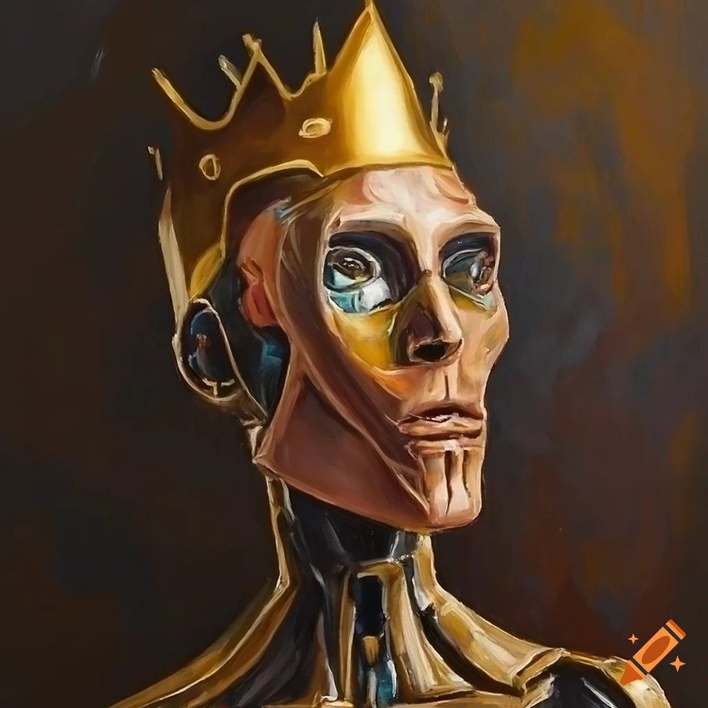 Hooded king robot with loose human skin mask in oil painting on Craiyon