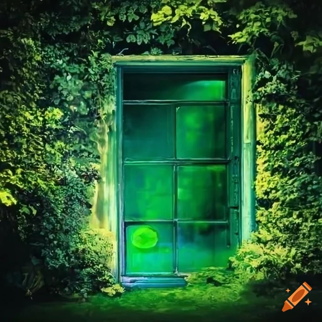 Green glass door in a garden during nightfall on Craiyon