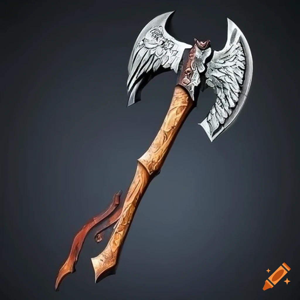 Legendary double-bladed axe resembling steel phoenix wings on Craiyon
