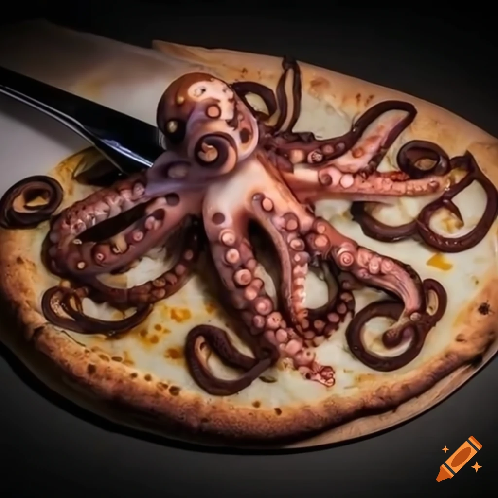 Creative pizza topped with octopus tentacles and a bottle of wine on ...
