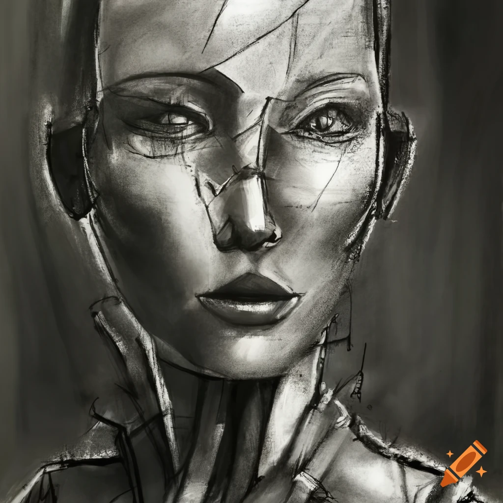Metropolis female robot in loose charcoal sketch on Craiyon