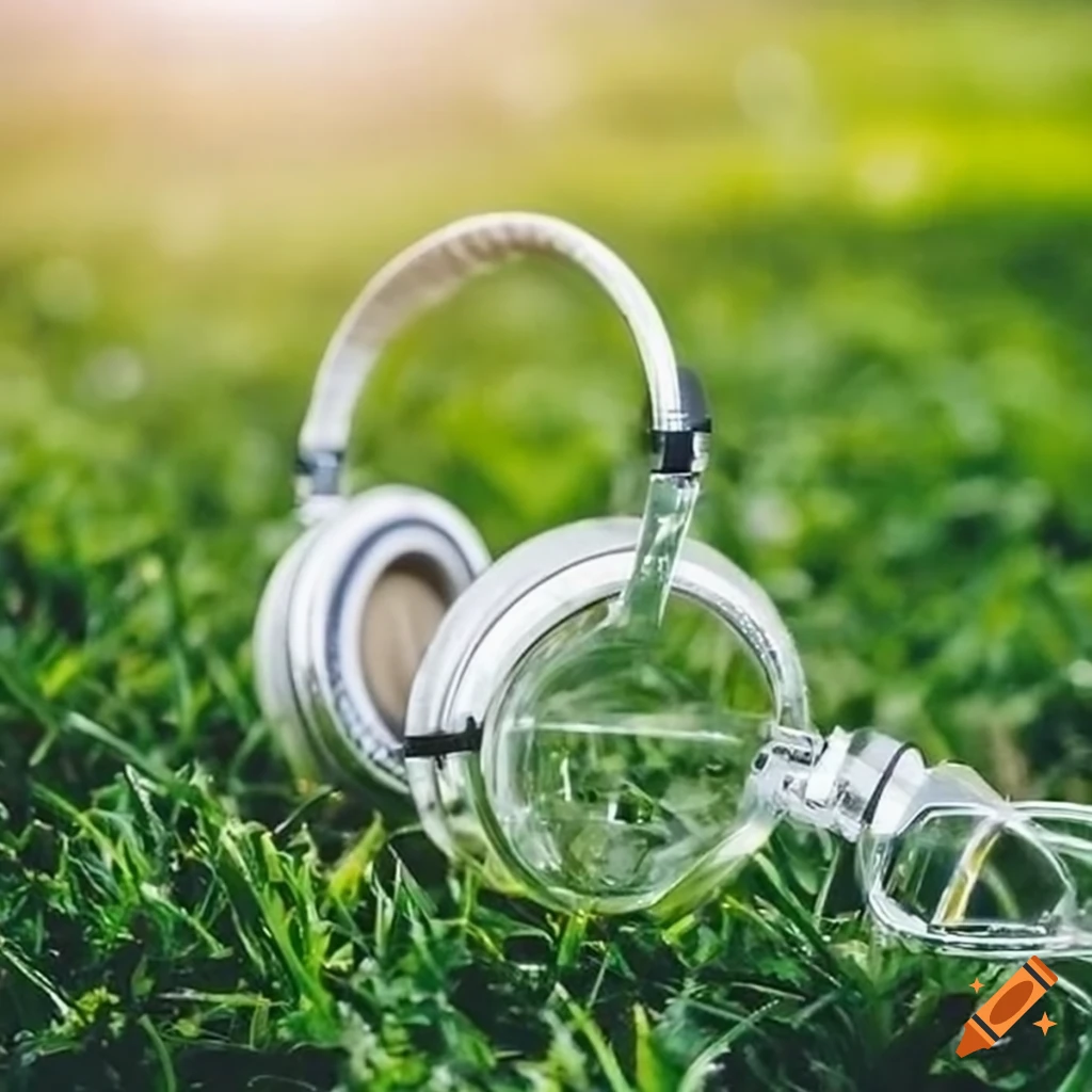 Crystal clear transparent glass headphones on grass with light ...