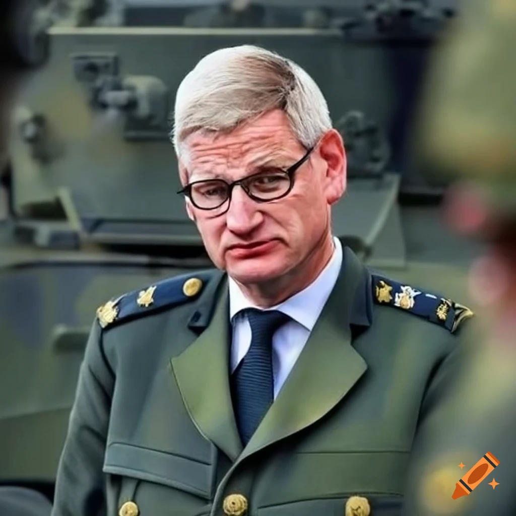 Swedish prime minister carl bildt sitting on a military tank on Craiyon