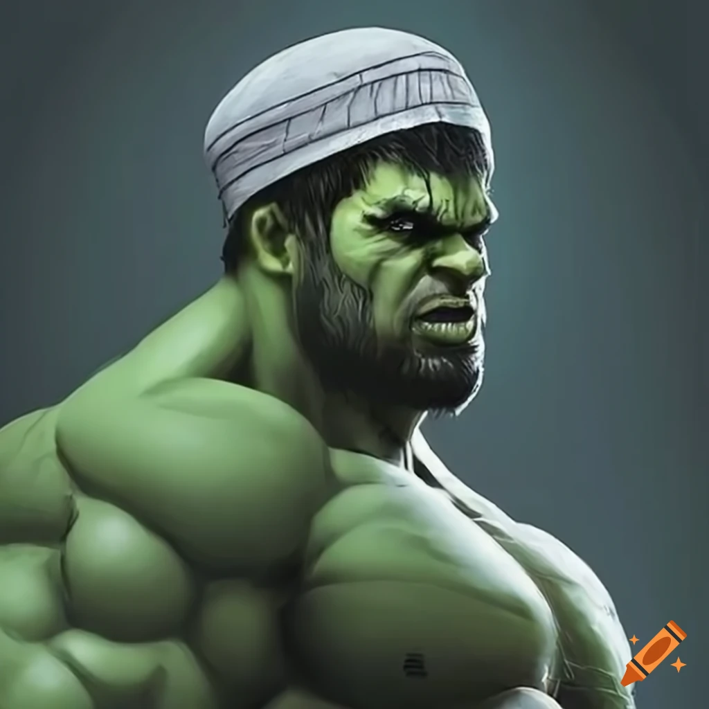 Muscular muslim hulk character in profile with traditional hat on Craiyon
