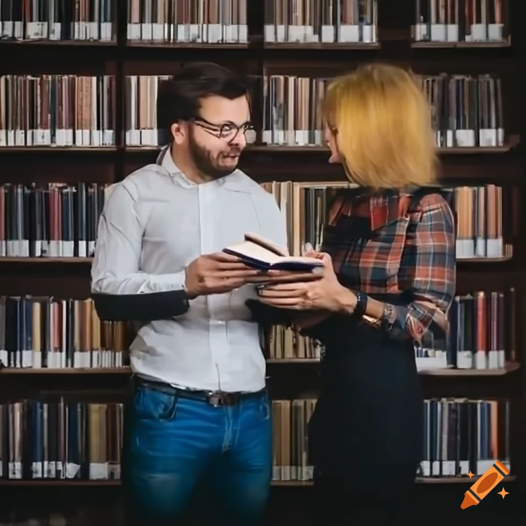 Man and woman sharing a book in a library on Craiyon