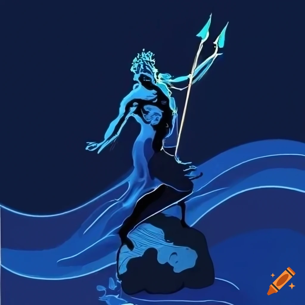 Silhouette of poseidon stretching his trident towards the sky in a ...
