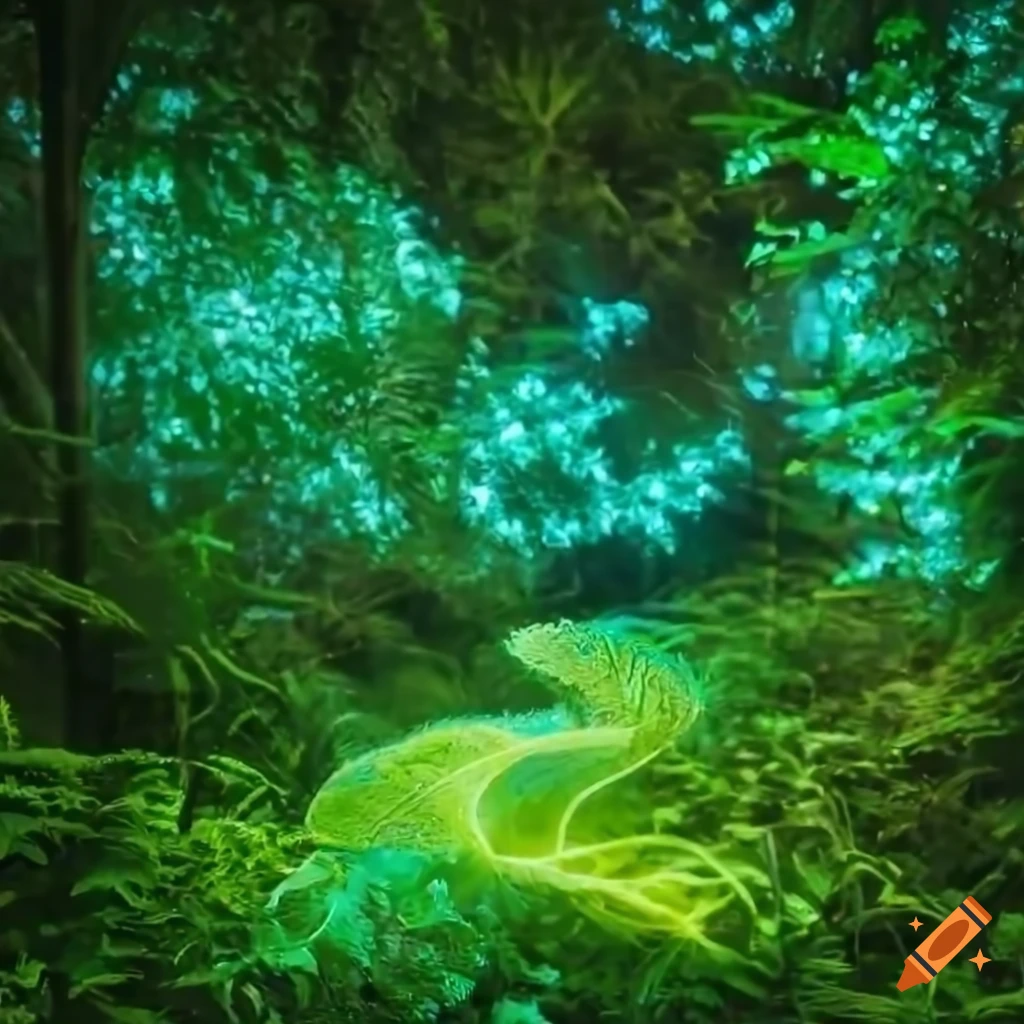 Vibrant rainforest with bioluminescent plants and neon-lit butterfly on ...