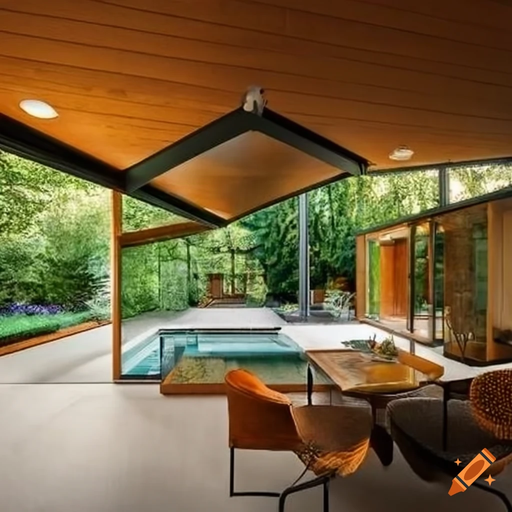 Midcentury modern house inspired by Frank Lloyd Wright with a veranda ...