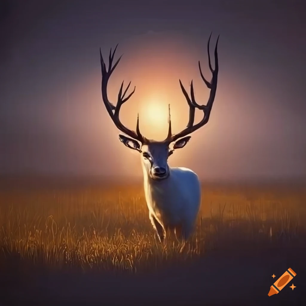 Renaissance art of a meadow with a majestic white deer in the distance ...