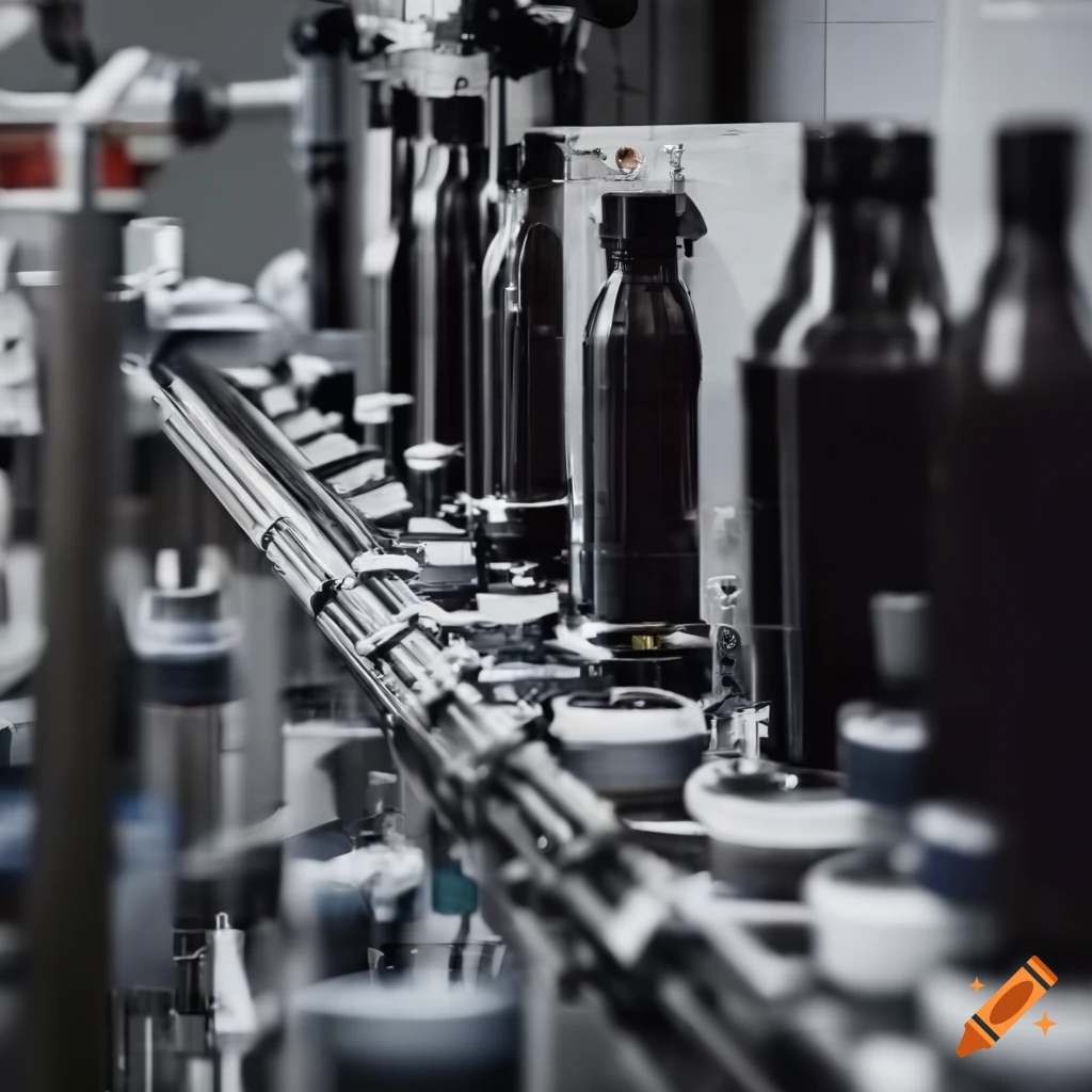 Factory bottling process with machinery in motion on Craiyon