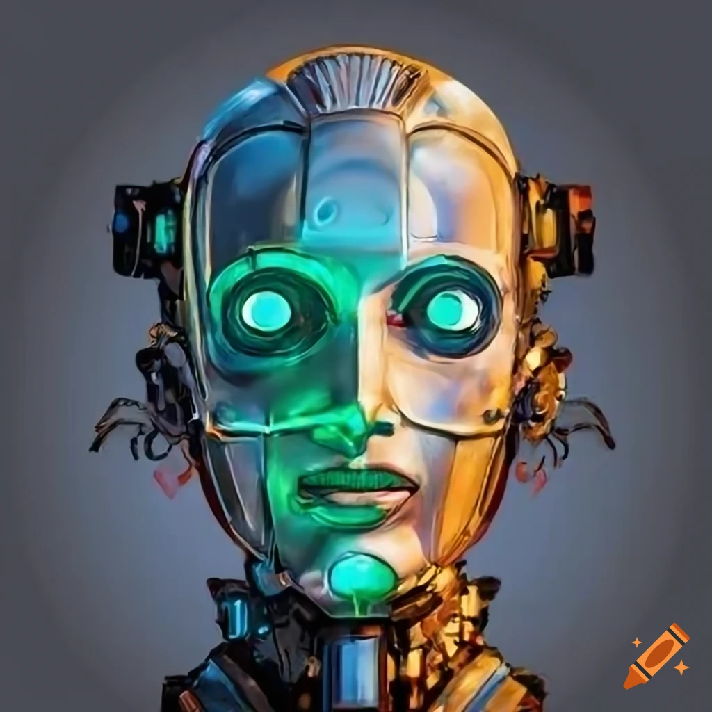 Religious portrait of a scifi robot as orthodox icon with human mask on ...