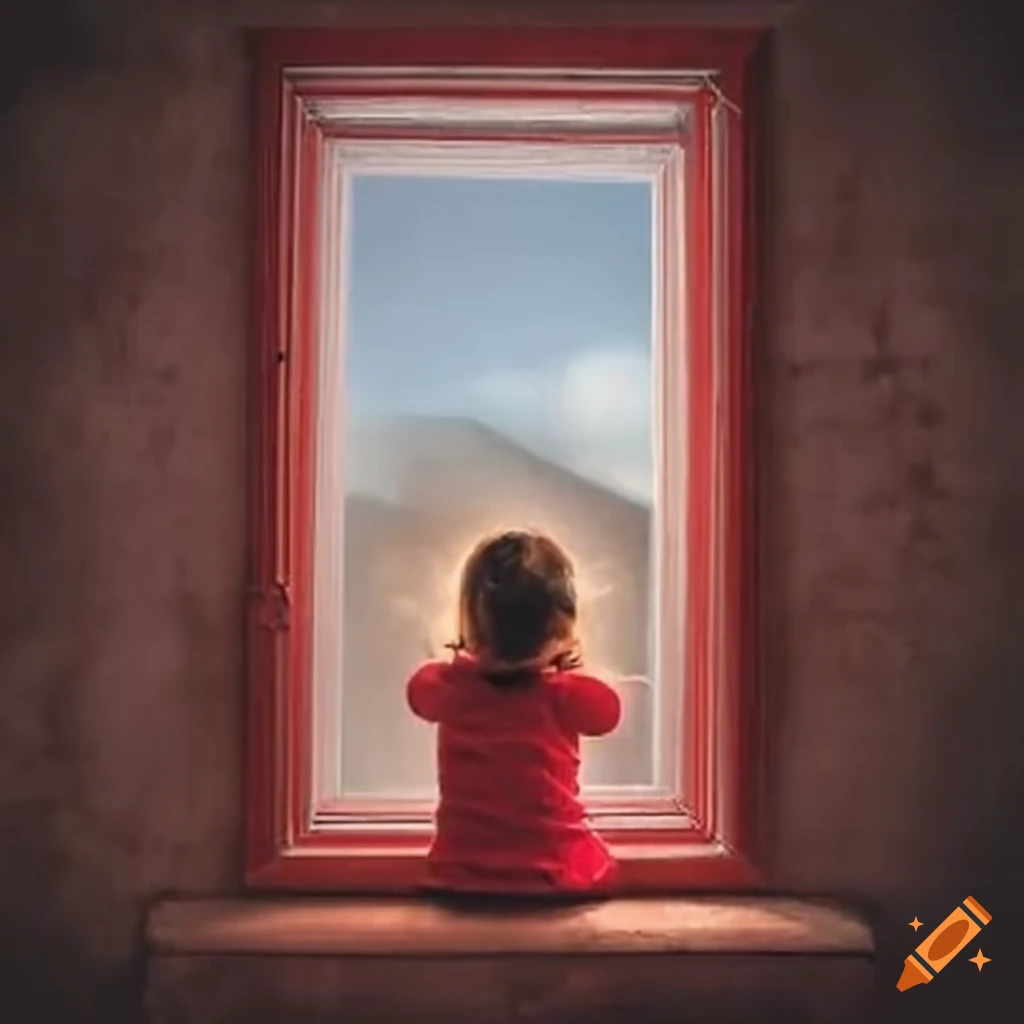 Child looking at explosions from a window with red blinders on Craiyon