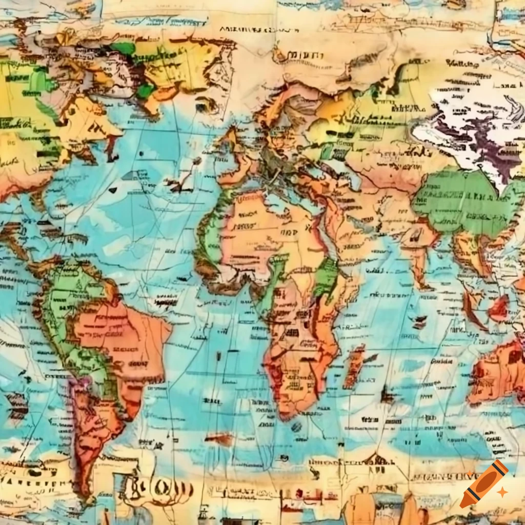 Map of an imaginary world with 38 realistic countries on Craiyon