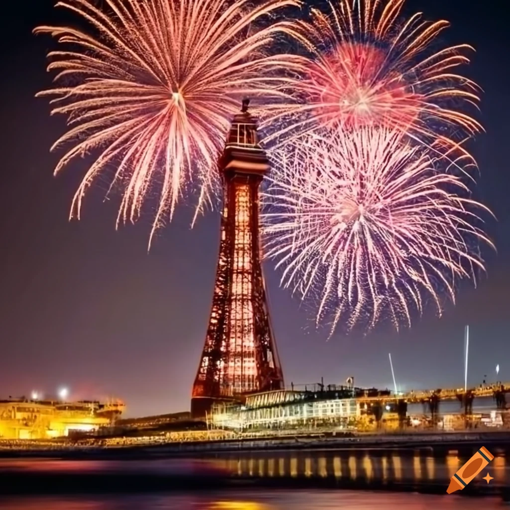 Blackpool tower at night with fireworks on Craiyon