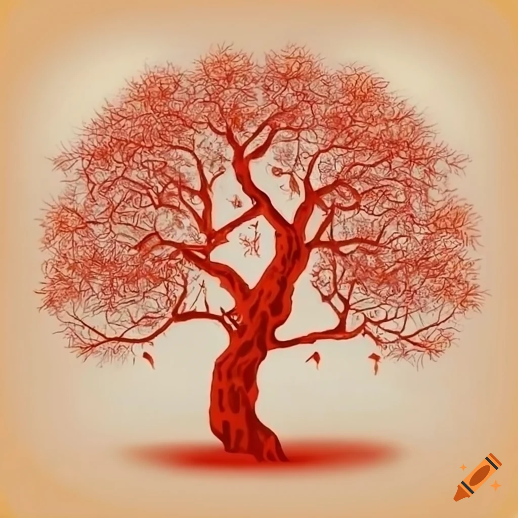 Ancient japanese style tree with a red sun on Craiyon