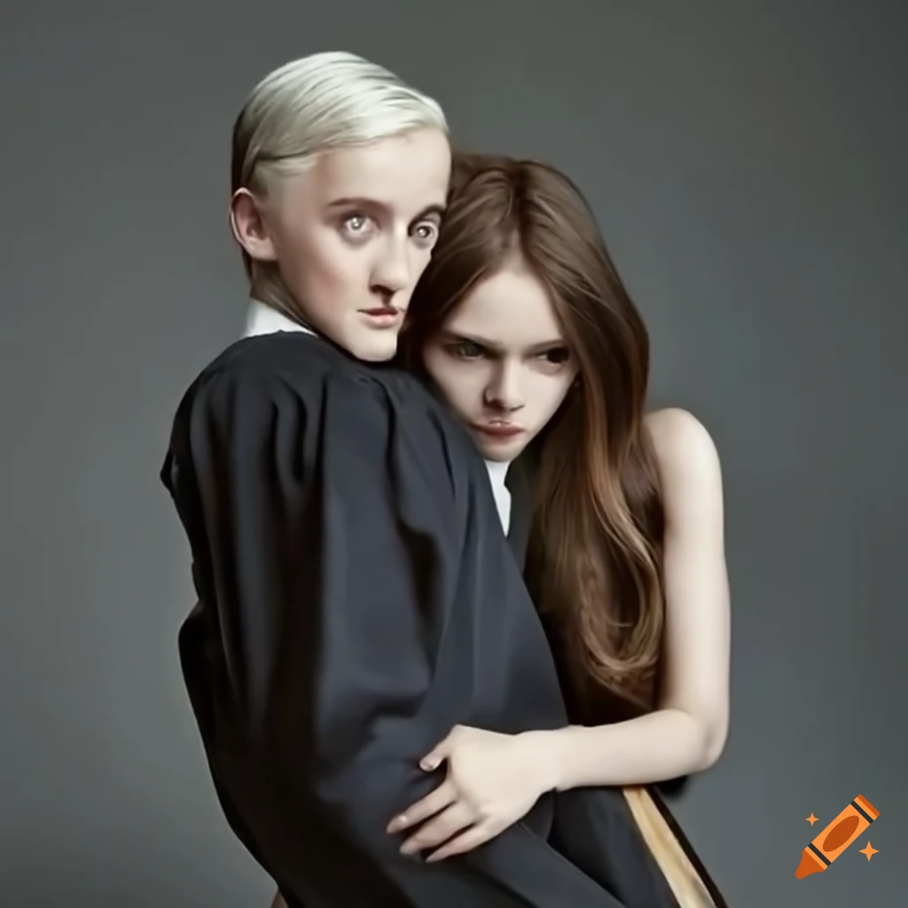 Draco malloy hugging a girl in a fantasy setting on Craiyon