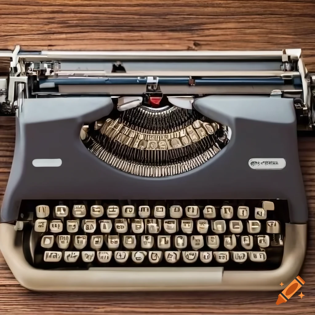 Top down view of a typewriter with loose pages on a wooden table on Craiyon