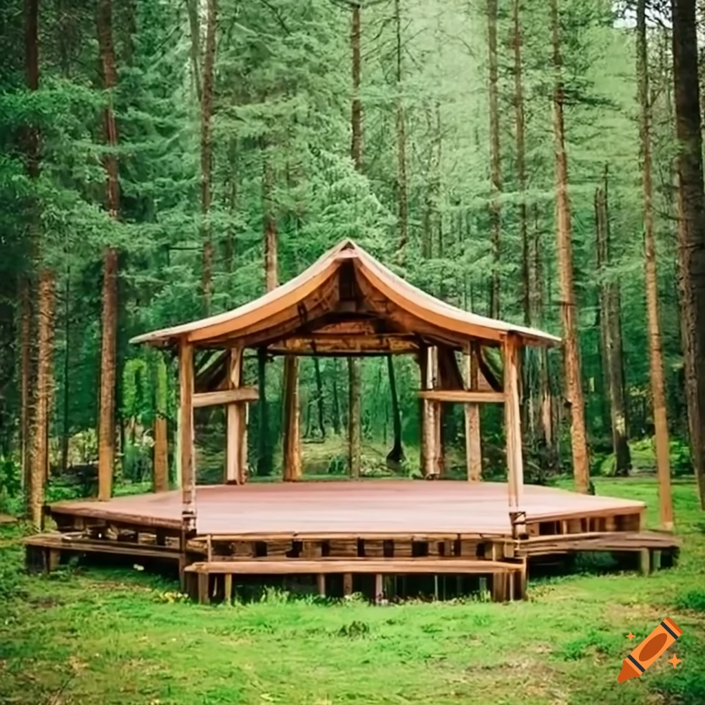 Public park with pine forest and wooden event stage on Craiyon