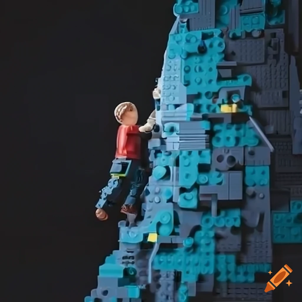 Boy rock climbing on a lego-like mountain on Craiyon