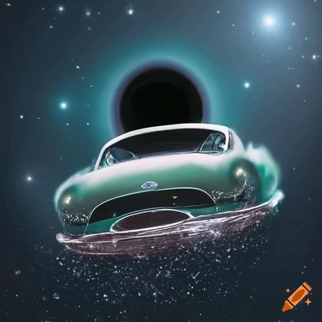 Greenish ford car floating in space in front of a black hole on Craiyon