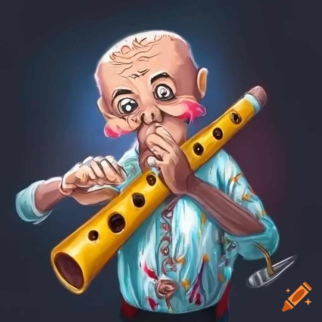Cheerful mascot playing a traditional tin whistle in an illustration on ...