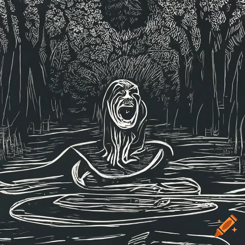 Eerie monochrome linocut etching of a sad woman bog creature emerging ...