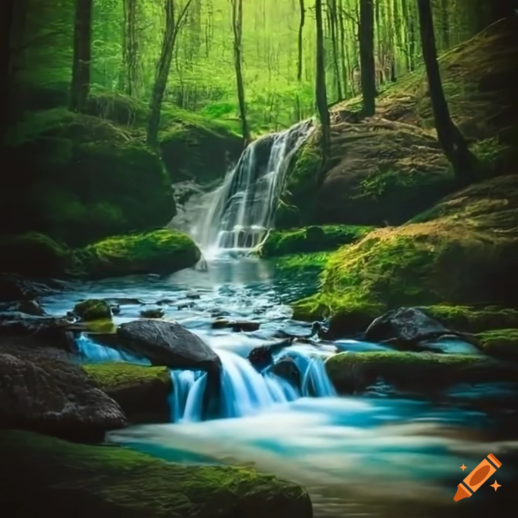 Waterfall in forest with deer drinking from stream on Craiyon
