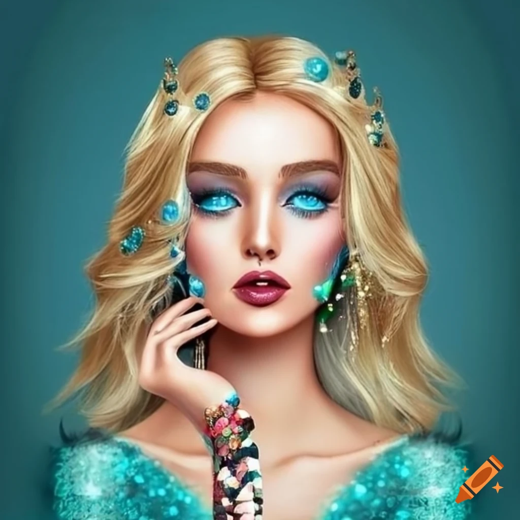 Glitter queen with blue eyes and blonde hair in a teal dress on Craiyon