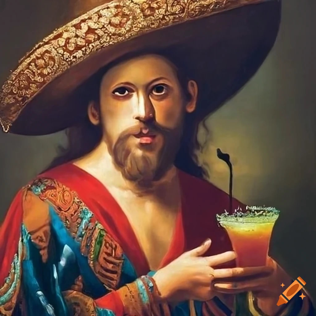 Jesus in Sombrero and poncho enjoying margarita and taco in a painting ...