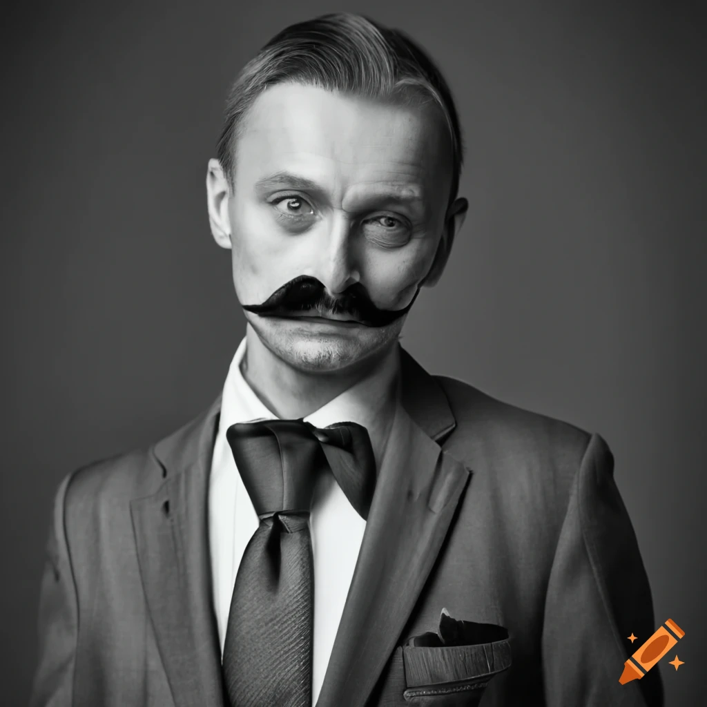 Charismatic Russian man with a small mustache in a black suit on Craiyon