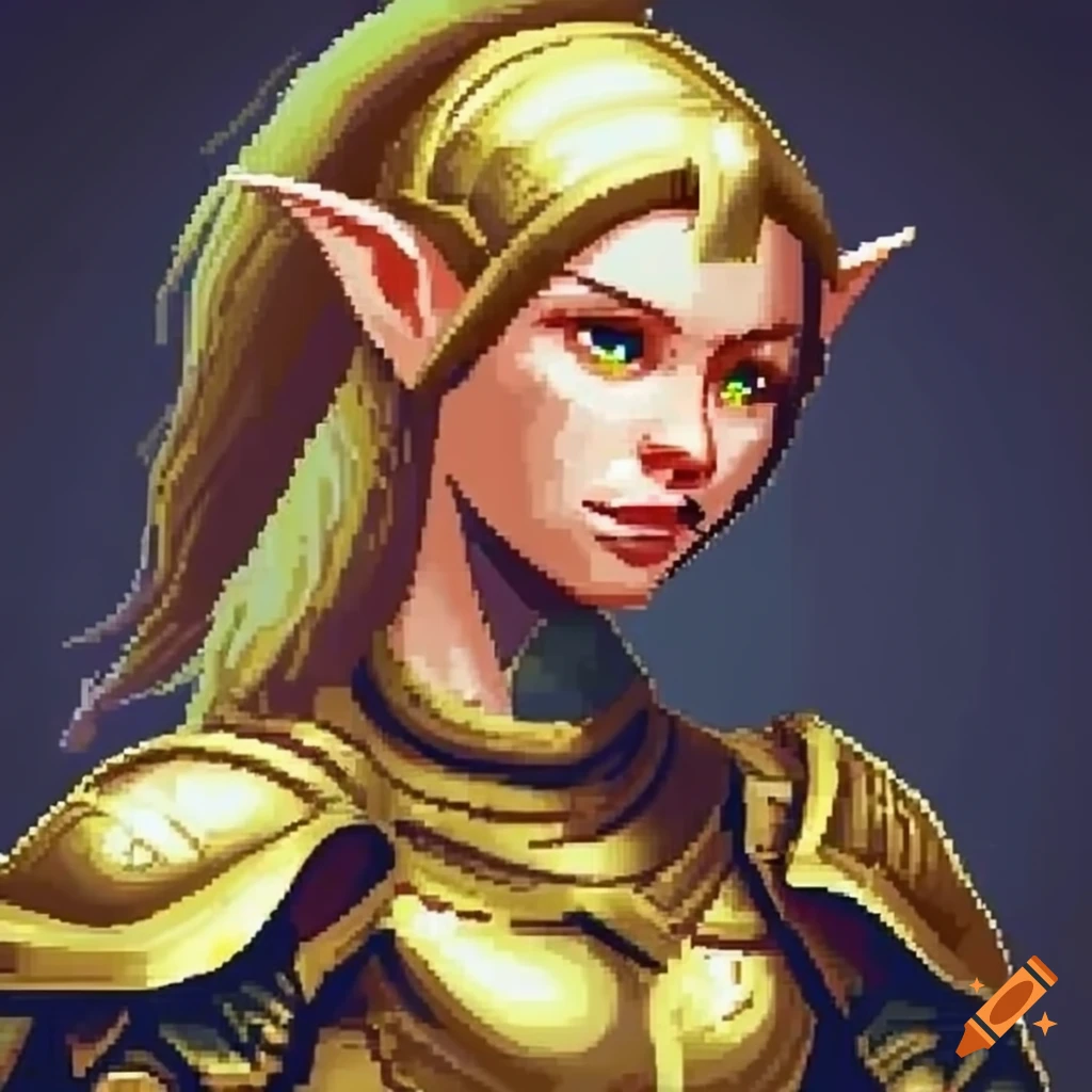 Close up portrait of a female elf in gold armor in retro game art style ...
