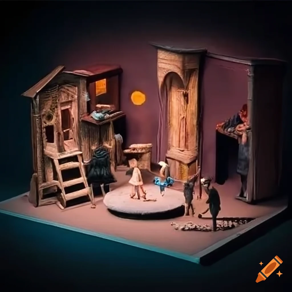 Tim burton-inspired diorama of a sitcom filming set with actors on Craiyon