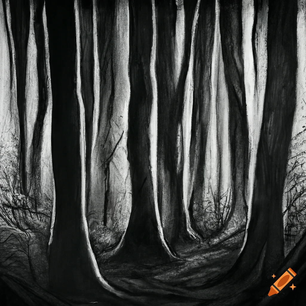 Trees in a forest in a charcoal drawing on Craiyon